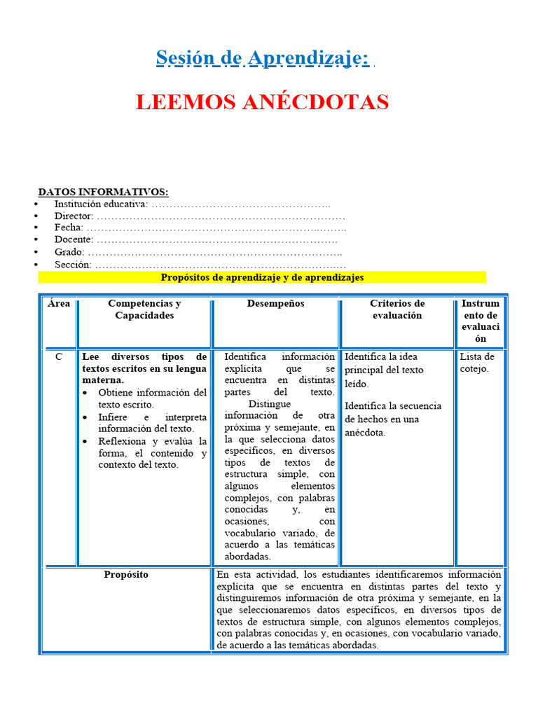 3° Sesión Día 1 Com Leemos Anécdotas | PDF | Evaluación | Información