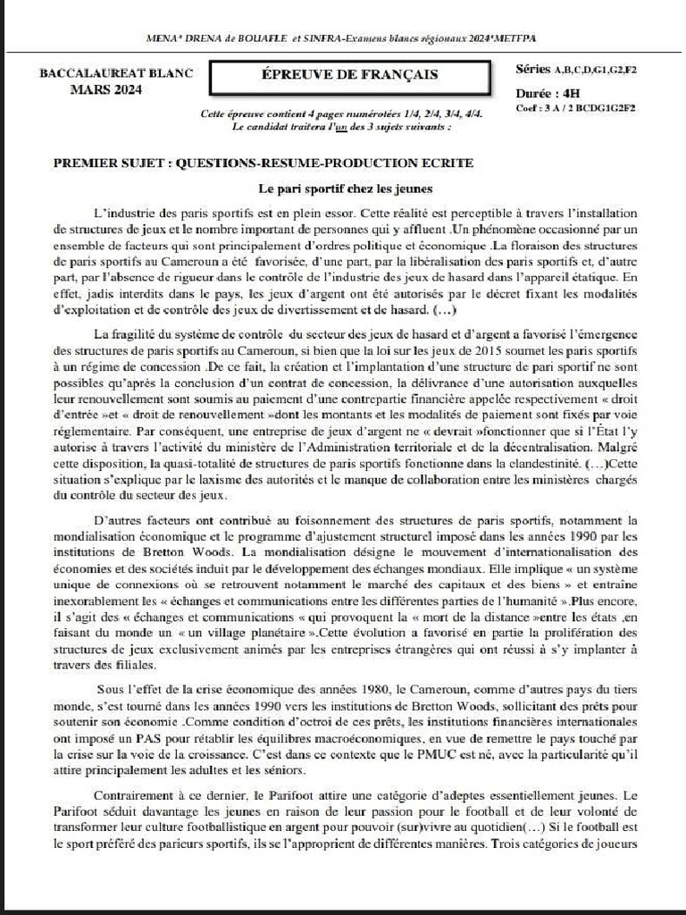 Sujet Bac Blanc 2024 Francais Serie A-B-C-D-G1-G2-F2 Regional Drena ...