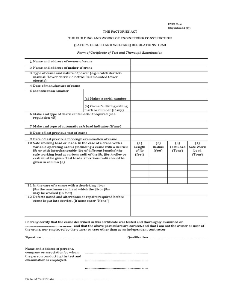 Crane Inspection Certification Form 4 | PDF | Crane (Machine)