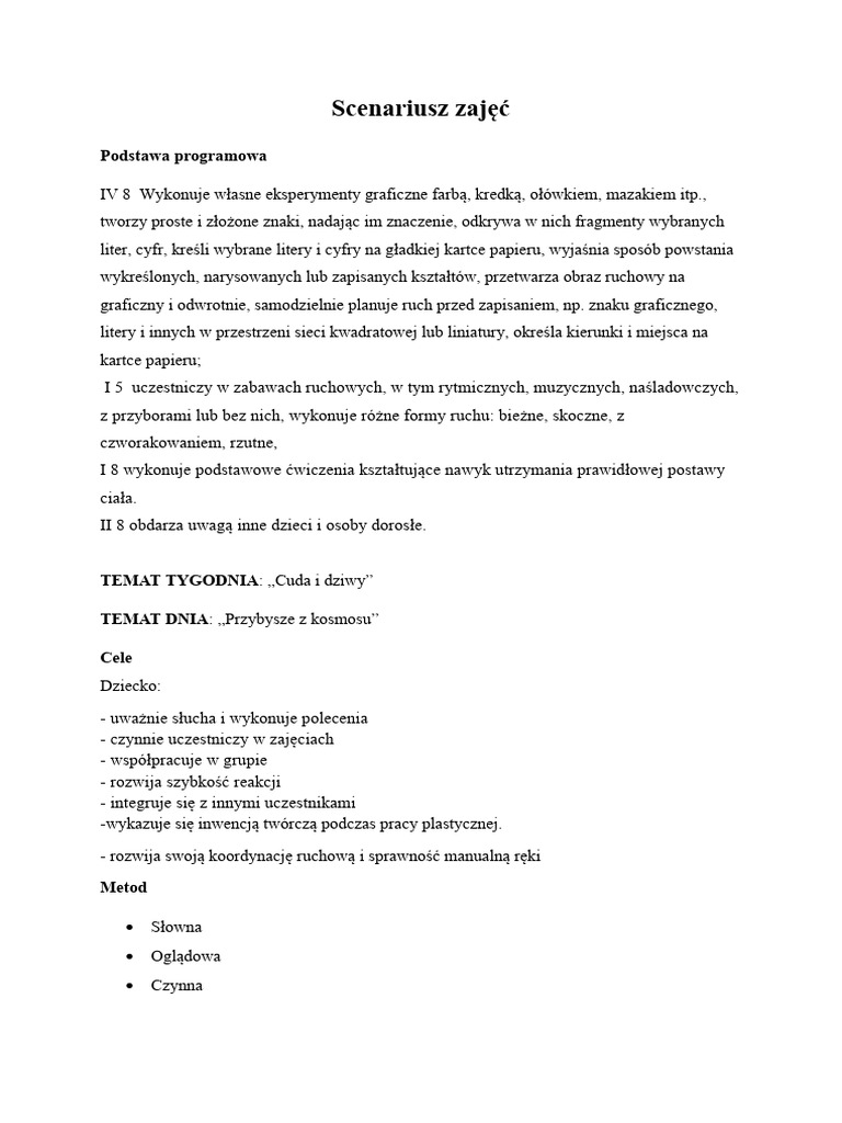 Scenariusz Zajęć Plastycznych - Kosmonauta | PDF