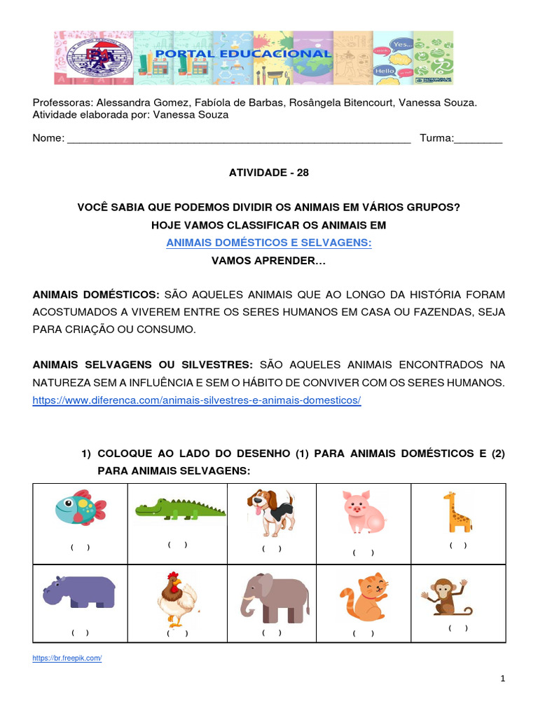 ATIVIDADE 28.animais domésticos e selvagens | PDF