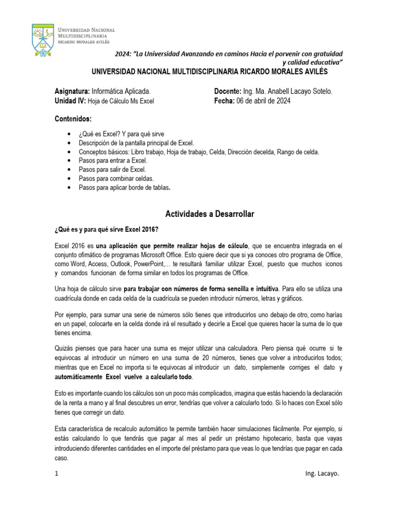 8 Clase de Informatica Aplicada | Descargar gratis PDF | Microsoft Excel | Microsoft Office