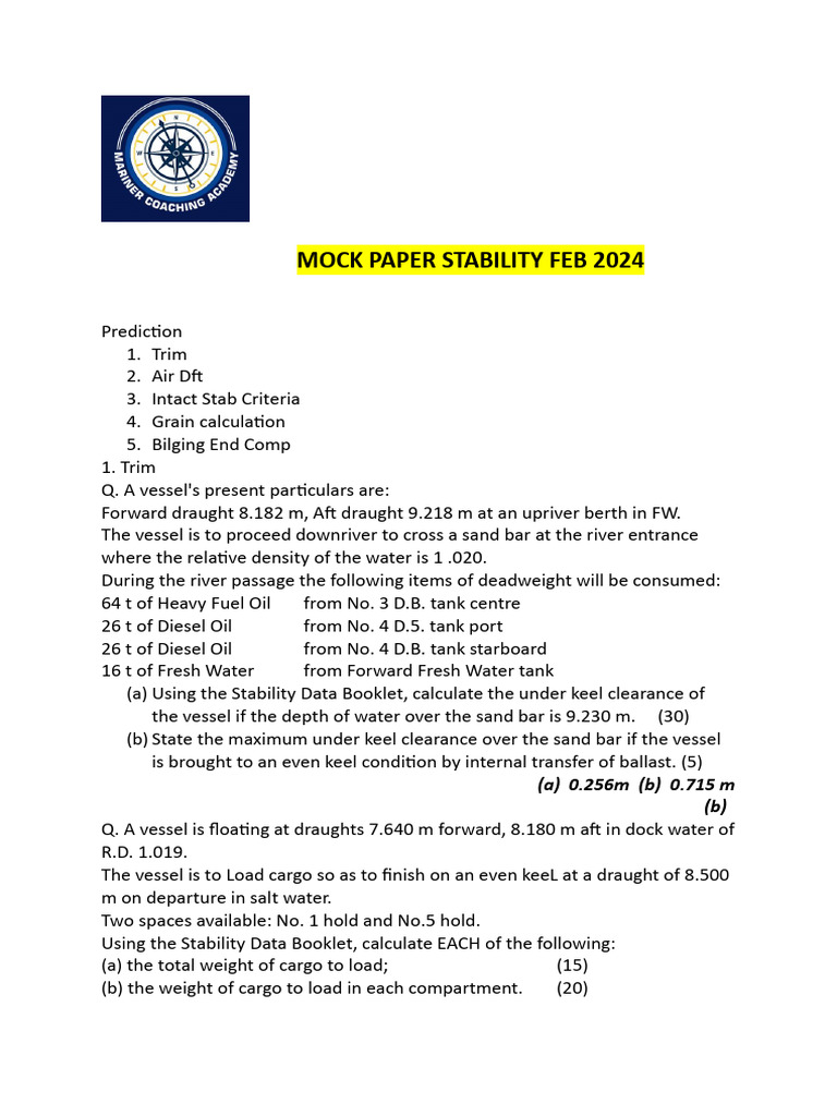 MCA Stability Exam Preparation 2024 | PDF | Shipping | Ships