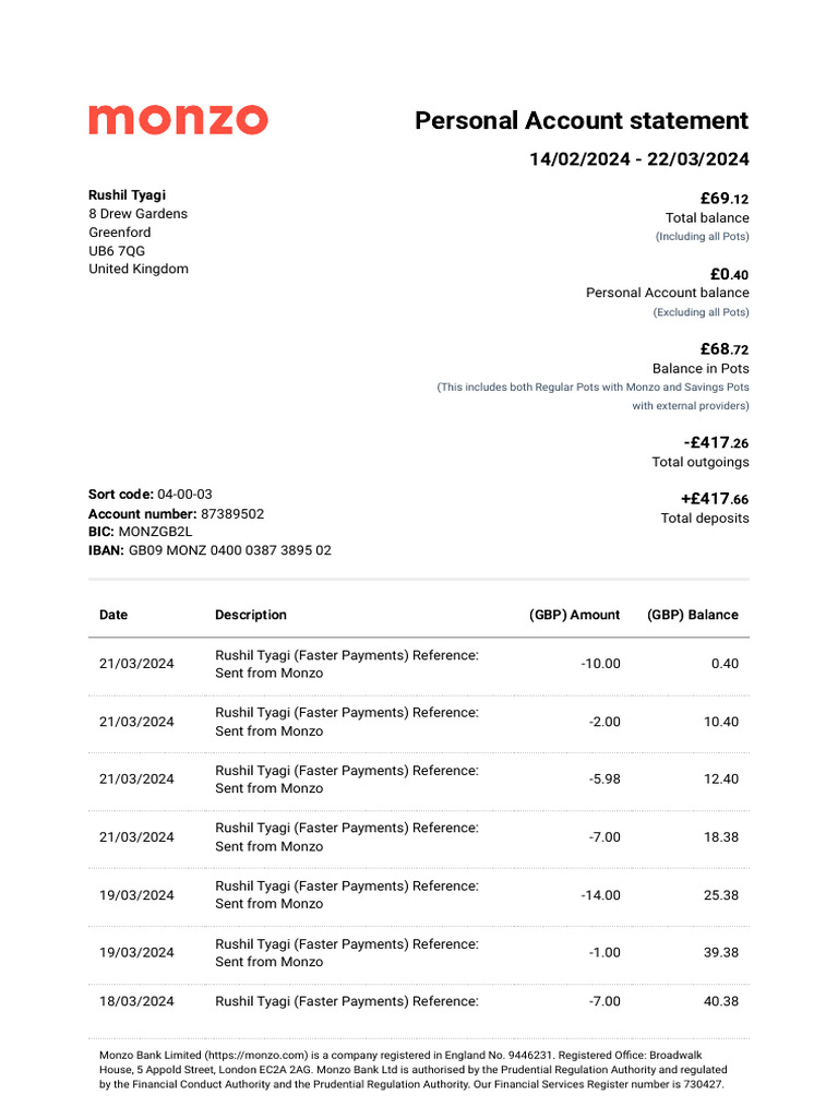 Monzo - Bank - Statement - 2024 02 14 2024 03 22 - 9451 | PDF | Deposit ...