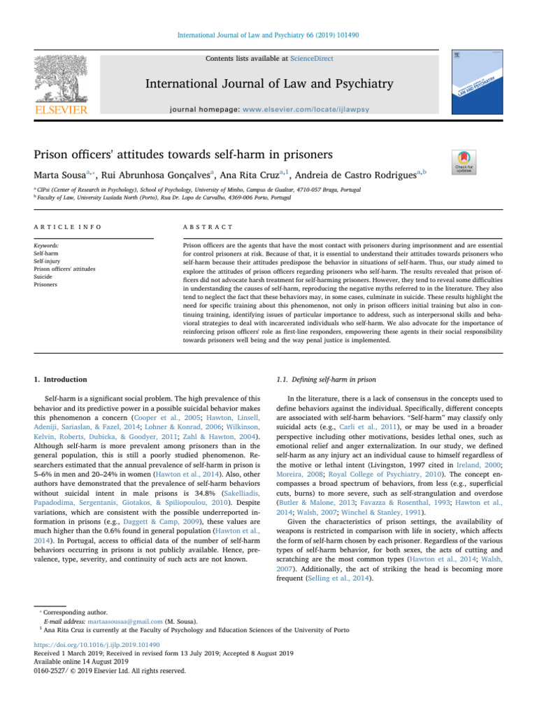 2019 Prison Officers' Attitudes Towards Self-Harm in Prisoners | PDF ...
