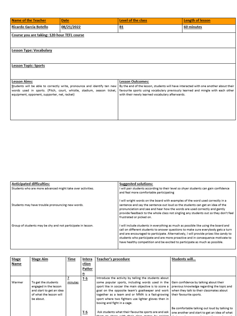 Lesson Plan | PDF | Vocabulary | Lesson Plan