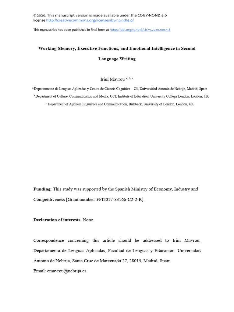 Working Memory, Executive Functions, and Emotional Intelligence in Second Language Writing | PDF ...
