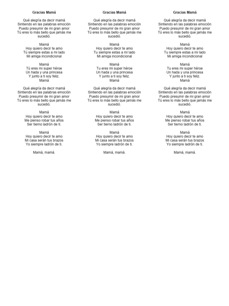 Letra Canción Gracias Mamá | Descargar gratis PDF | Amor