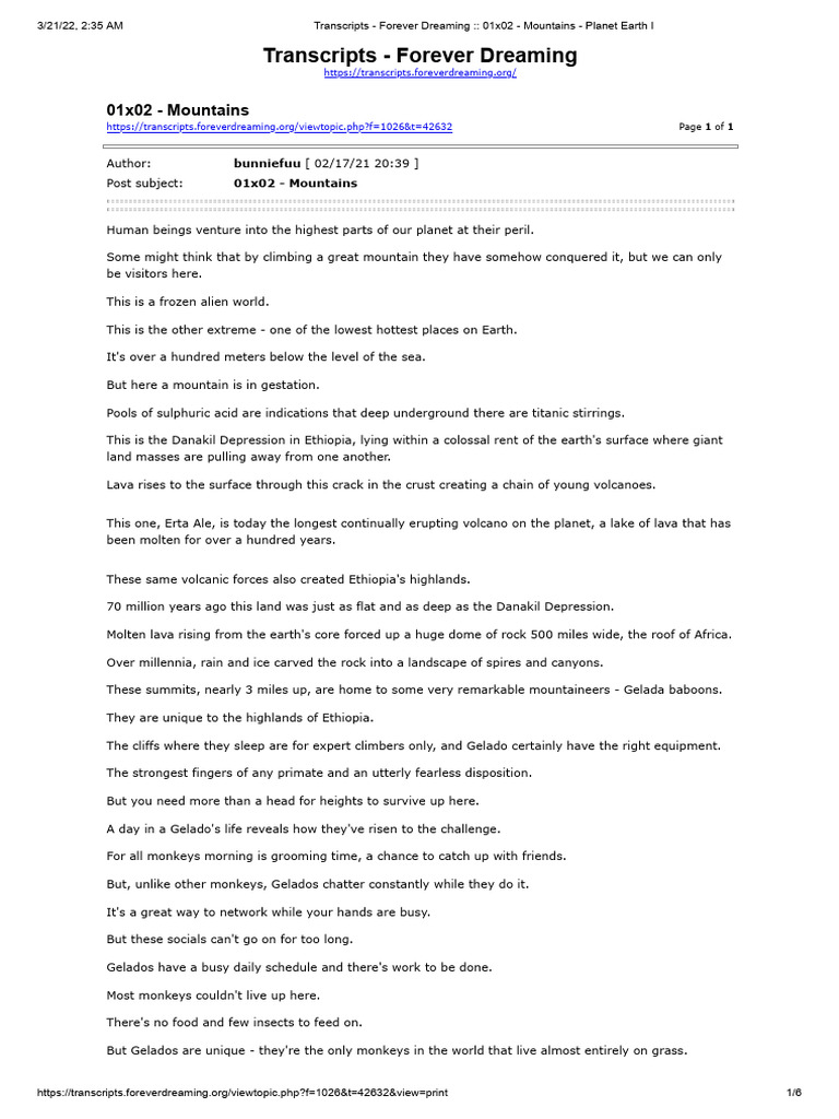 Transcripts - Forever Dreaming - 01x02 - Mountains - Planet Earth I ...