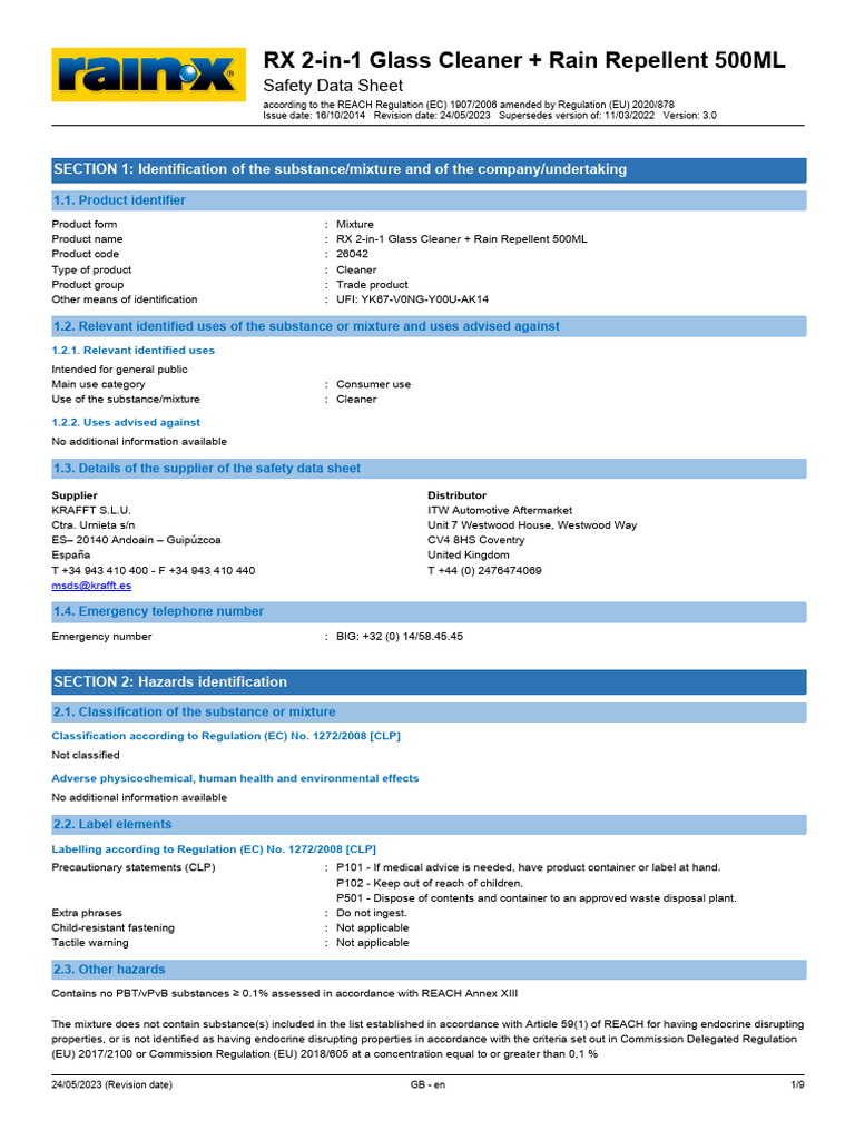 MSDS - EN - RX 2 in 1 Glass Cleaner Rain Repellent 500ML - v3.0 ...