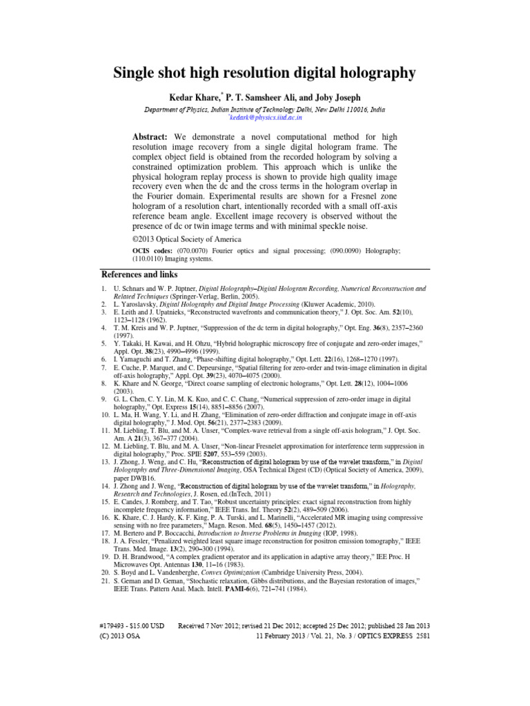 Single Shot High Resolution Digital Holography | PDF | Holography | Optical Resolution