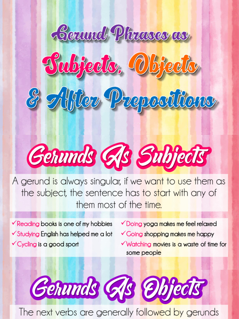 Gerunds Phrases as subjects, objects, after prepositions | PDF