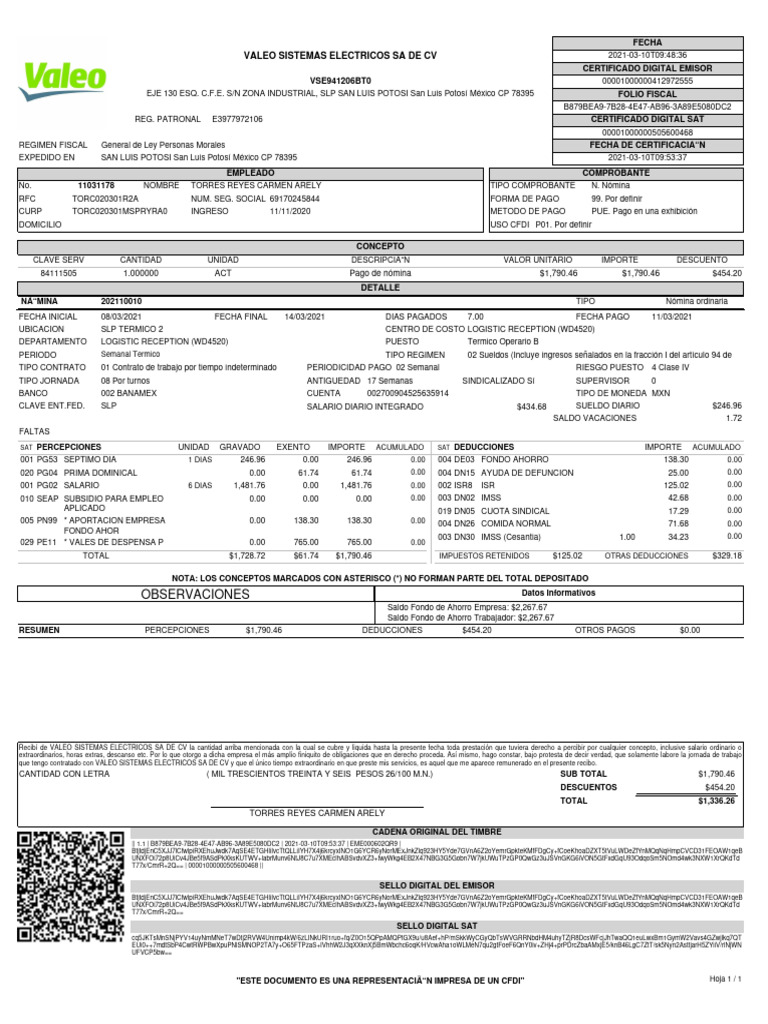 CFDI Nómina Valeo SLP 2021 | PDF | Salario | Sueldos y salarios