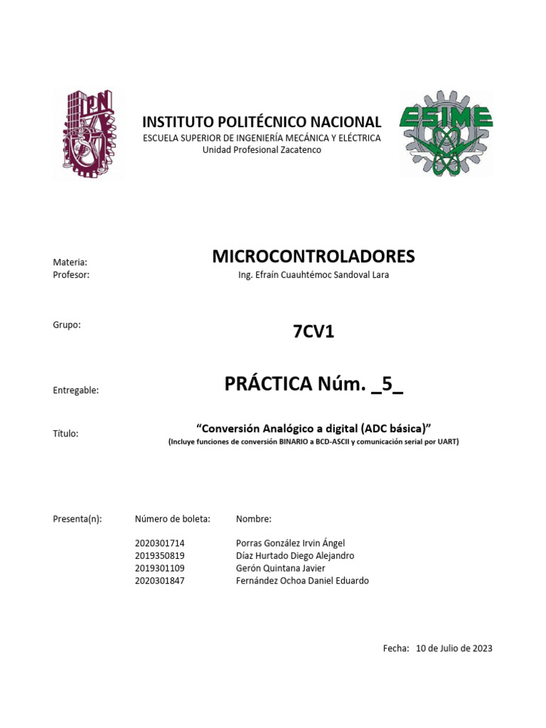 Practica 5 Conversion Analogico A Digital | PDF | Conversor analógico a ...