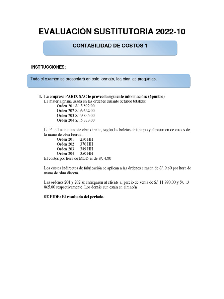 Examen Final - Contabilidad de Costos 1 | PDF | Producción y fabricación | Contabilidad