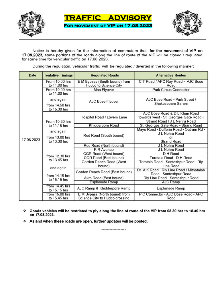 Traffic Advisory For Movement of VIP On 17.08.2023 | PDF | Road Safety ...