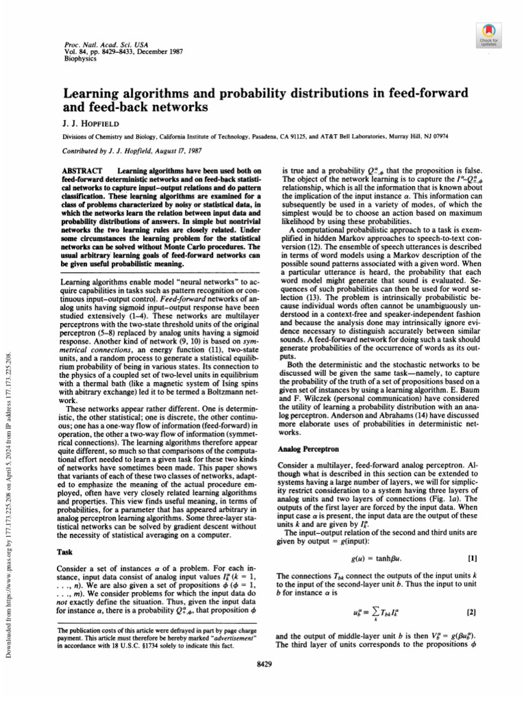 Hopfield 1987 Learning Algorithms and Probability Distributions in Feed Forward and Feed Back ...