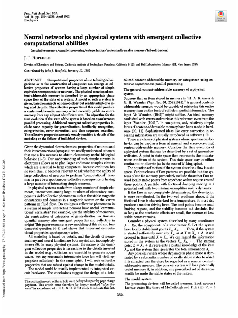 Hopfield's 1982 Neural Networks Model | PDF | Action Potential | Memory