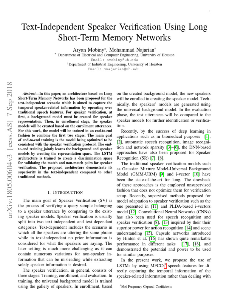 Text-Independent Speaker Verification Using Long Short-Term Memory Networks | PDF | Deep ...