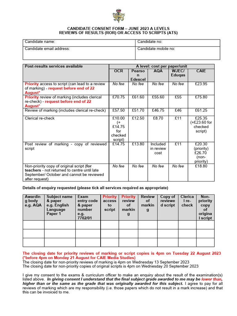 June 2023 A Level Candidate Consent Form For EARs | PDF | Student ...