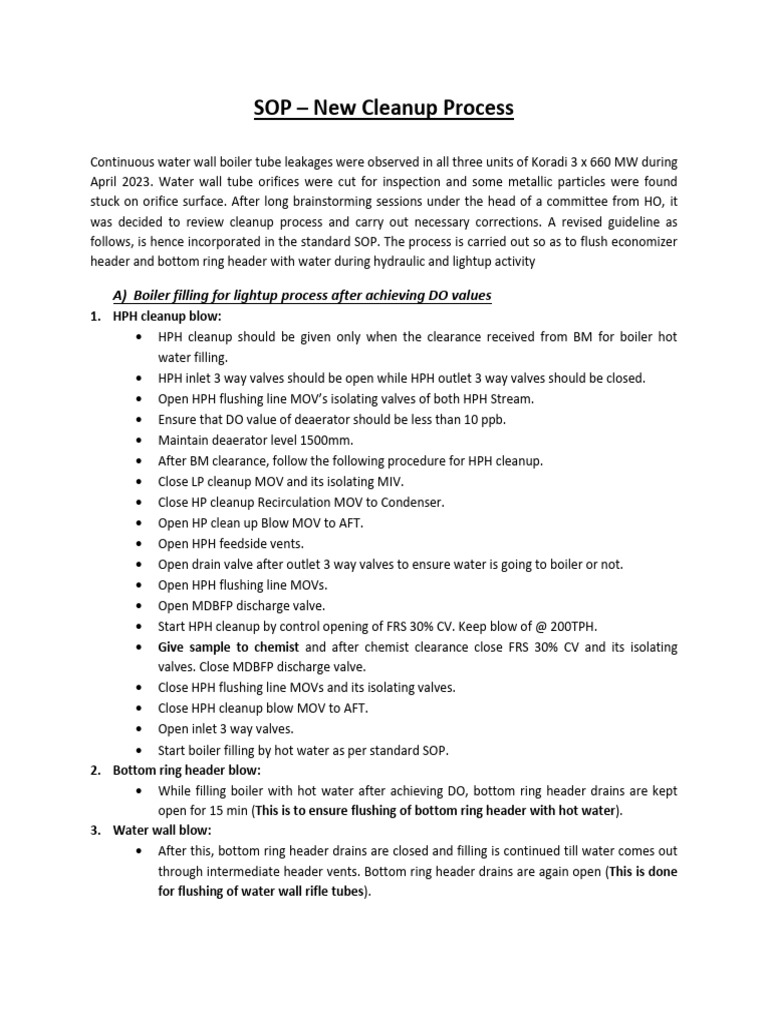SOP Cleaup With HPH Blow Process | PDF | Valve | Water Heating