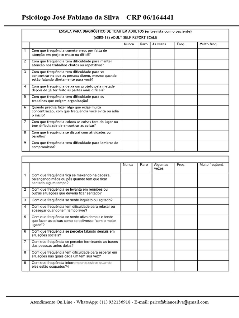 Modelo - Escala para Diagnóstico de Tdah em Adultos | PDF | Transtorno ...