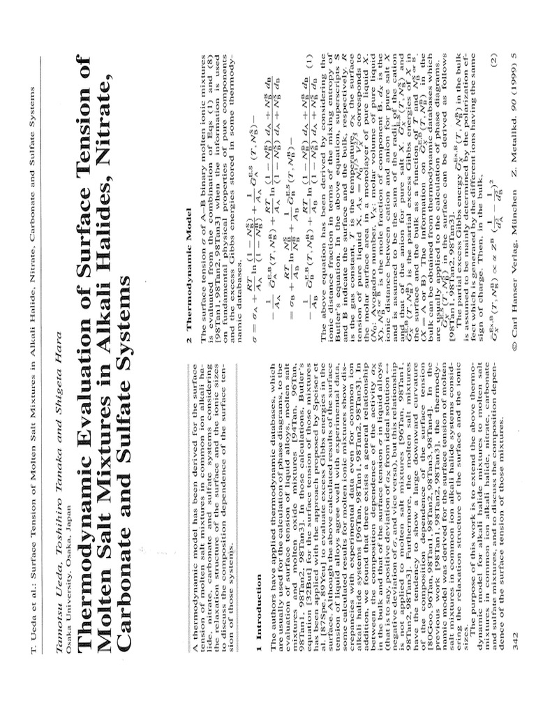 1999 Thermodynamic Evaluation Of Surface Tension Of Molten Salt Mixtures In Alkali Halides