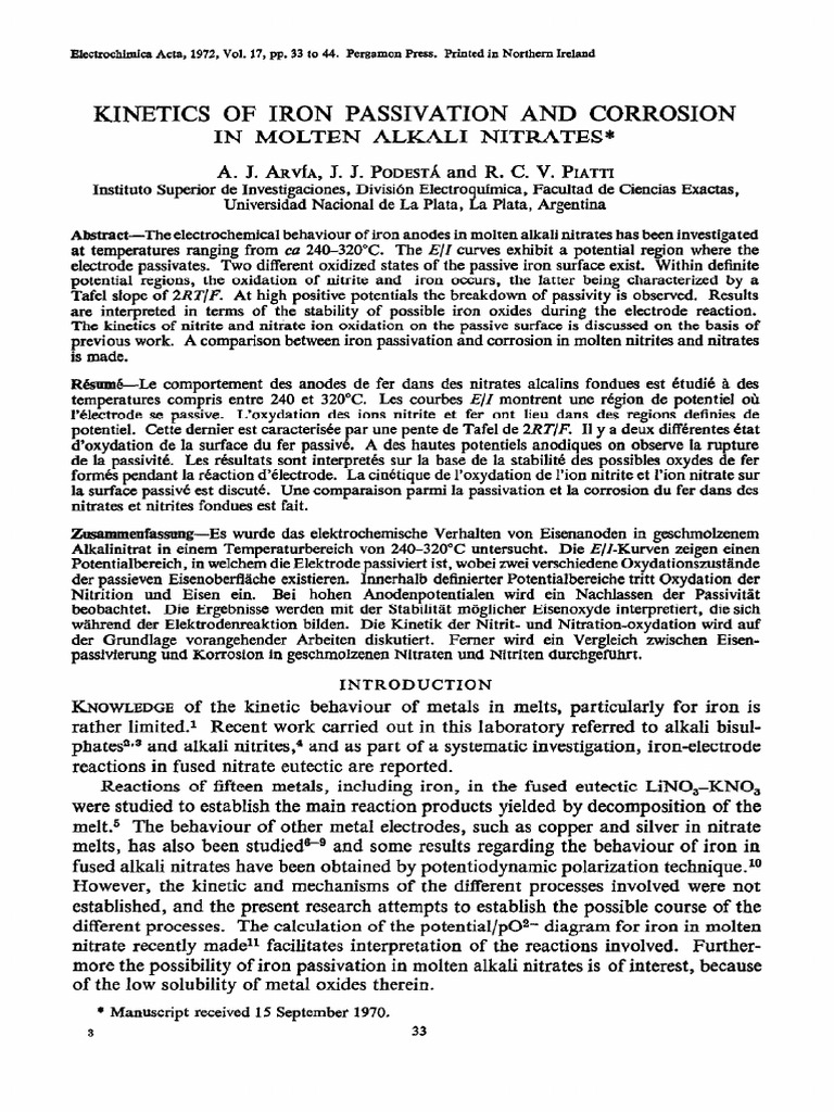 1973 Kinetics of Iron Passivation and Corrosion in Molten Alkali ...