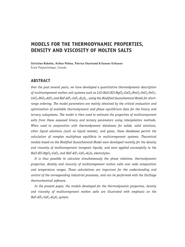 2009 Models For The Thermodynamic Properties, Density and Viscosity of ...