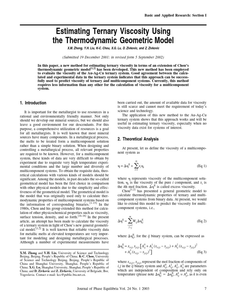 2003 Estimating Ternary Viscosity Using The Thermodynamic Geometric ...