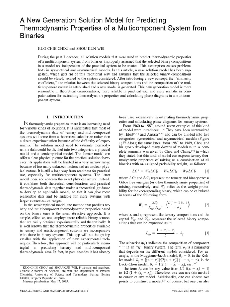 1997 A New Generation Solution Model For Predicting Thermodynamic Properties of A Multicomponent ...