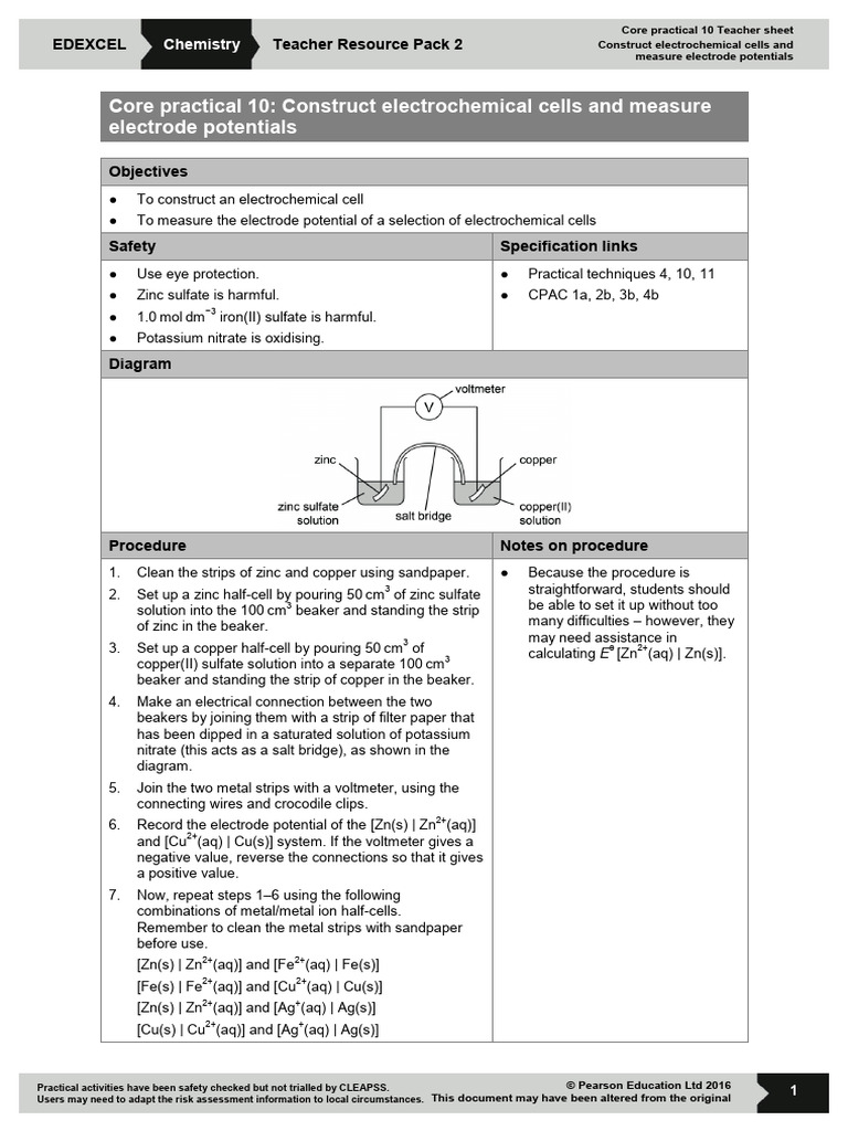A Level Chemistry Core Practical 10 - Electrochemical Cells | PDF ... A Level Chemistry Core Practical 10 - Electrochemical Cells | PDF ...