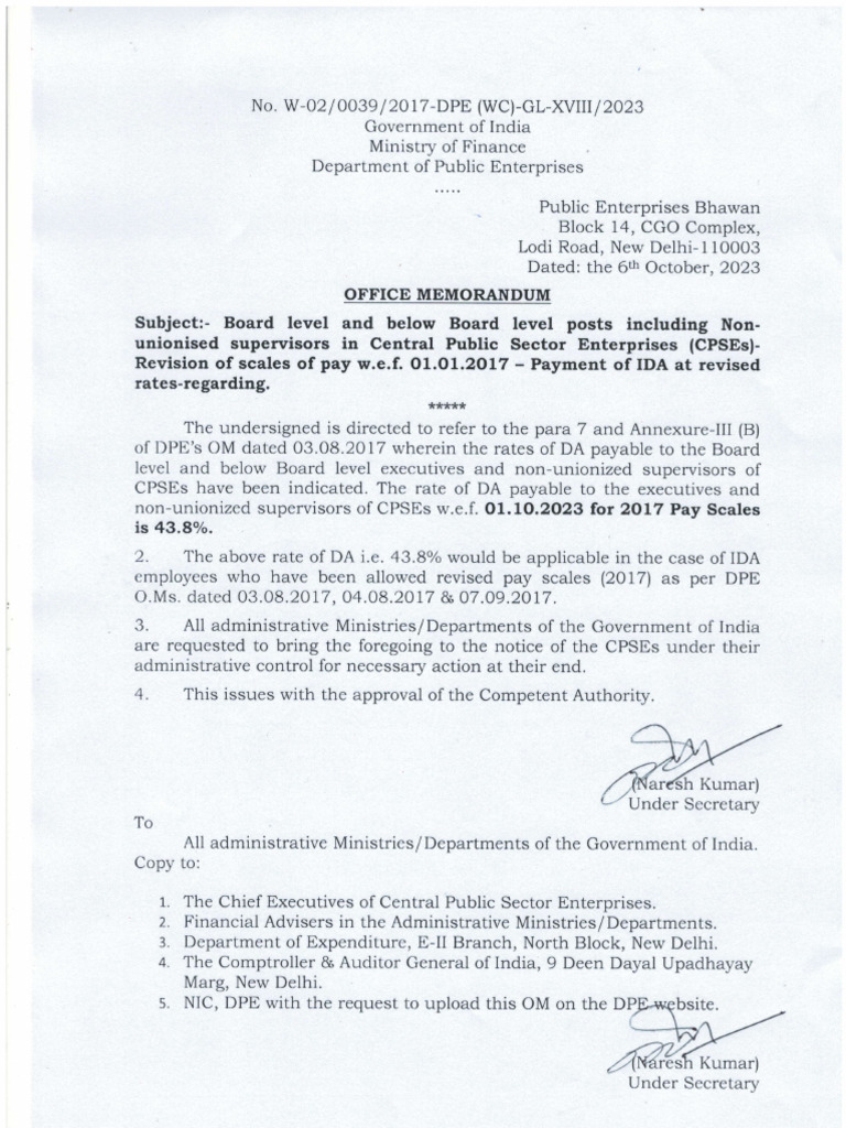 OM 6th October 2023 Regarding Revised IDA Rate Iro 2017 Pay Scales ...