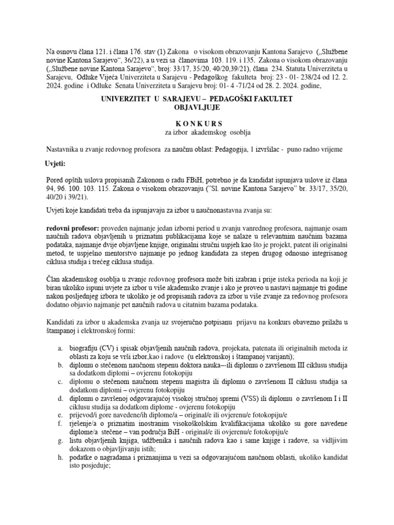 Univerzitet U Sarajevu - Pedagoški Fakultet Objavljuje Konkurs | PDF
