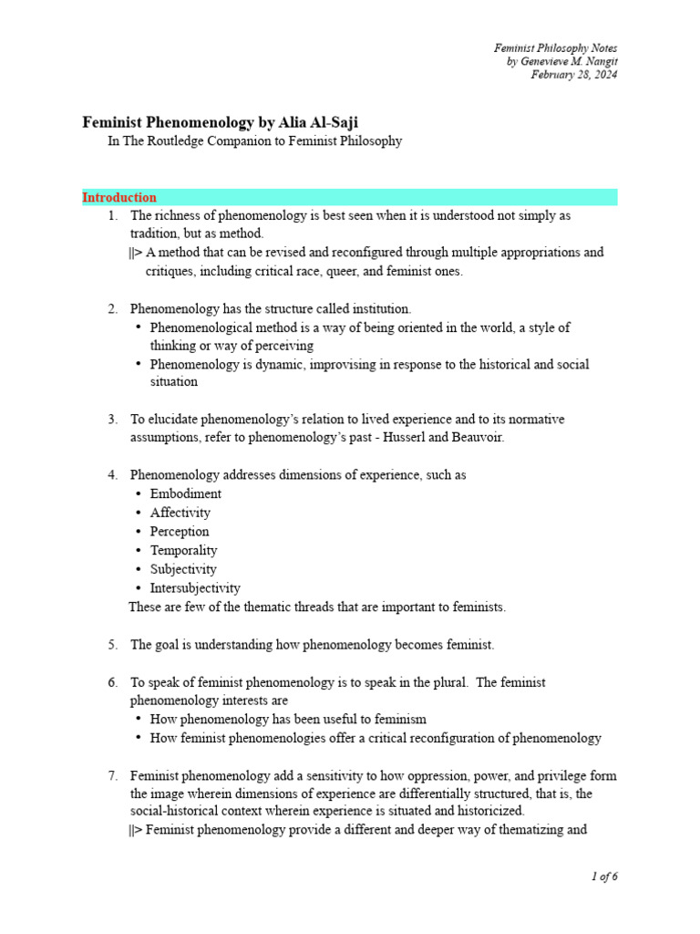 Personal Study Notes About Feminist Phenomenology | PDF | Phenomenology ...