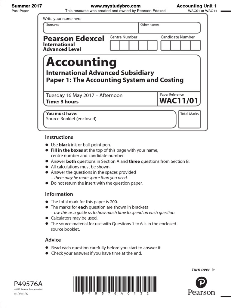 Pearson Edexcel - WAC01 or WAC11 - 2017 - Summer (Past Paper ...