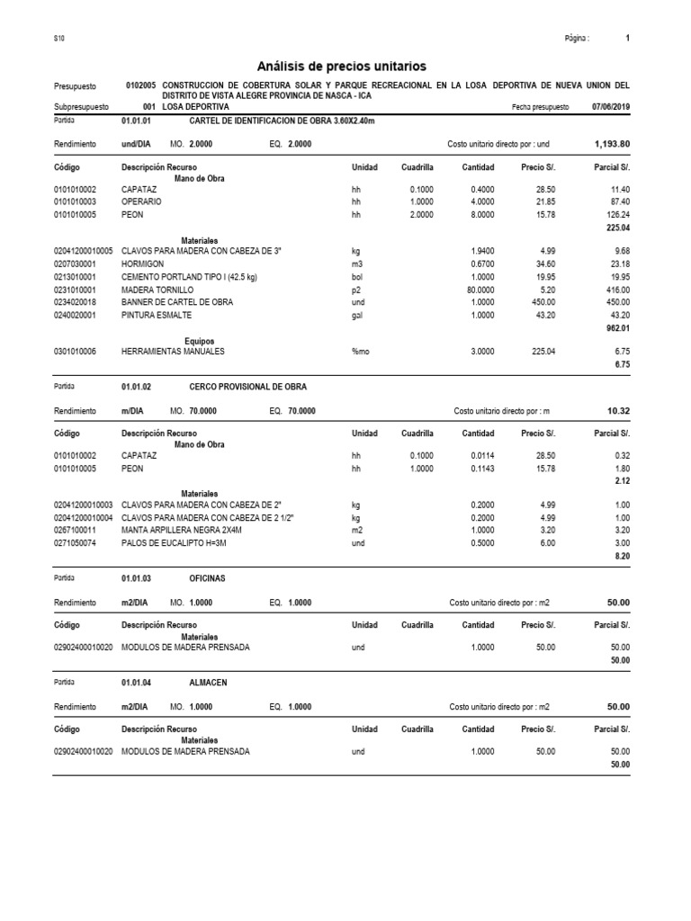 Analisis de Precios Unitarios | PDF | Materiales | Materiales de construcción
