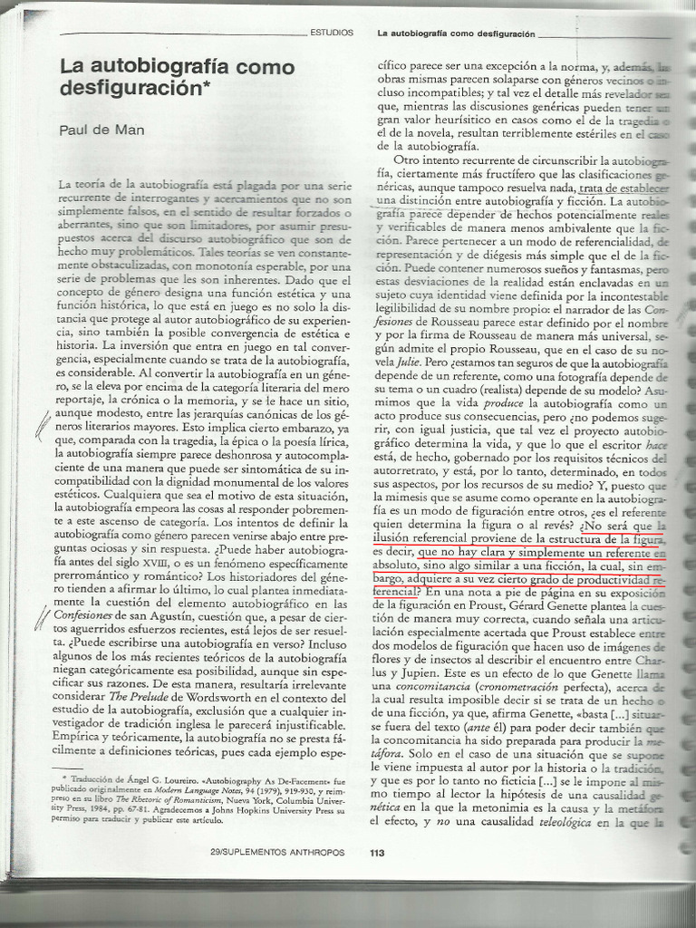 De MAN - La Autobiografia Como Desfiguracion - ANTHROPOS | PDF