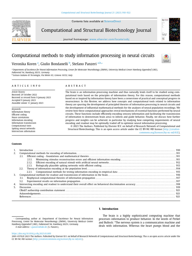 Computational Methods To Study Information Processing in Neural | PDF ...