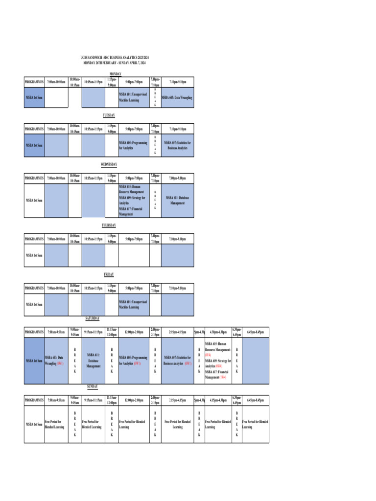MSBA 2024 Teaching Timetable | PDF | Analytics