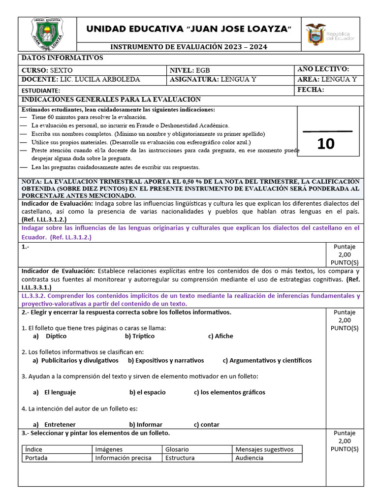 INSTRUMENTO DE EVALUACION LENGUA Y LITERATURA | PDF | Verbo | Lingüística