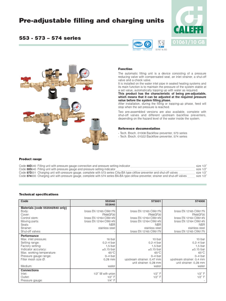 Caleffi: Pre-Adjustable Filling and Charging Units | Download Free PDF | Valve | Chemical ...