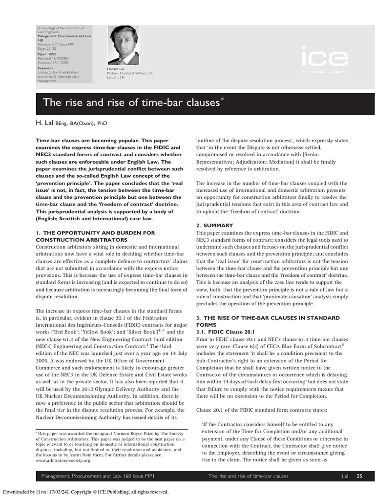 Lal 2015 The Rise and Rise of Time Bar Clauses | PDF | Arbitration ...