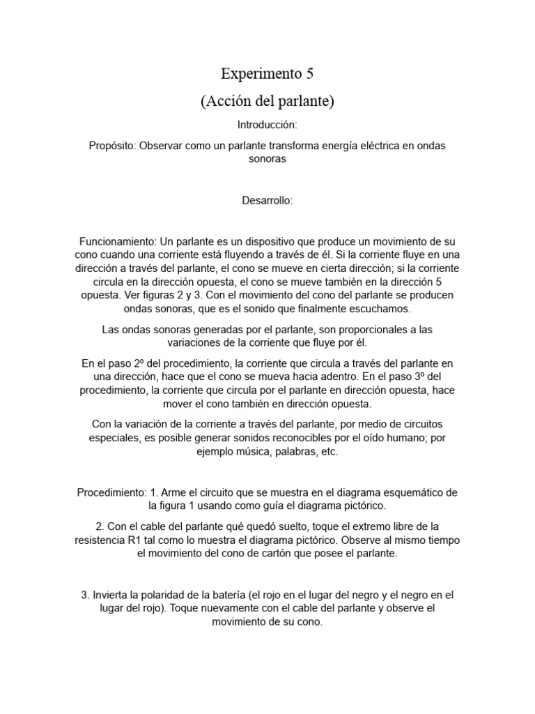 Experimento 5 (Acción Del Parlante) | Descargar gratis PDF | Corriente eléctrica | Altoparlante