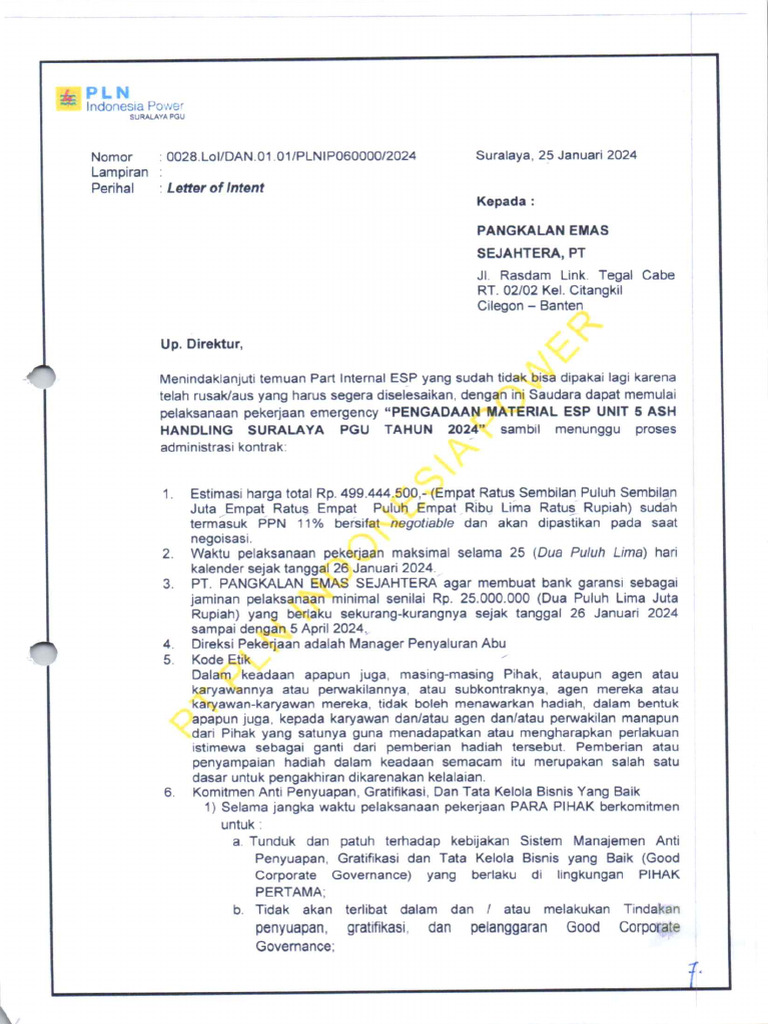 TOR DMR LOI - Pengadaan Material ESP UNIT 5 Ash Handling Suralaya PGU Tahun 2024 | PDF