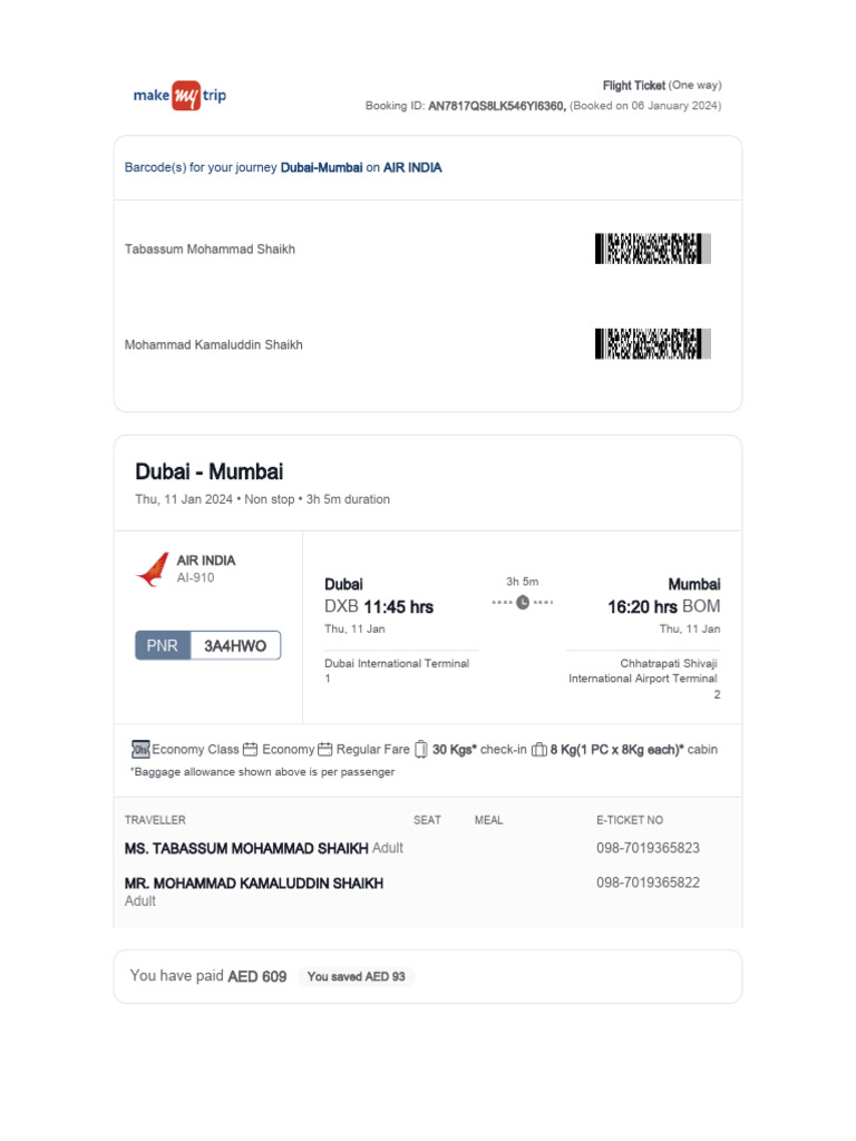 Dubai - Mumbai: Barcode(s) For Your Journey On Dubai-Mumbai Air India ...