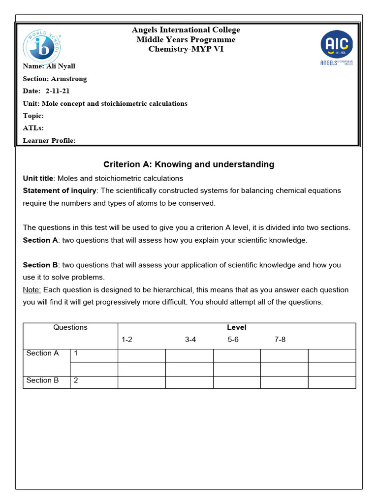 Formative Assessment Moles and Stoichiometry | PDF | Mole (Unit ...