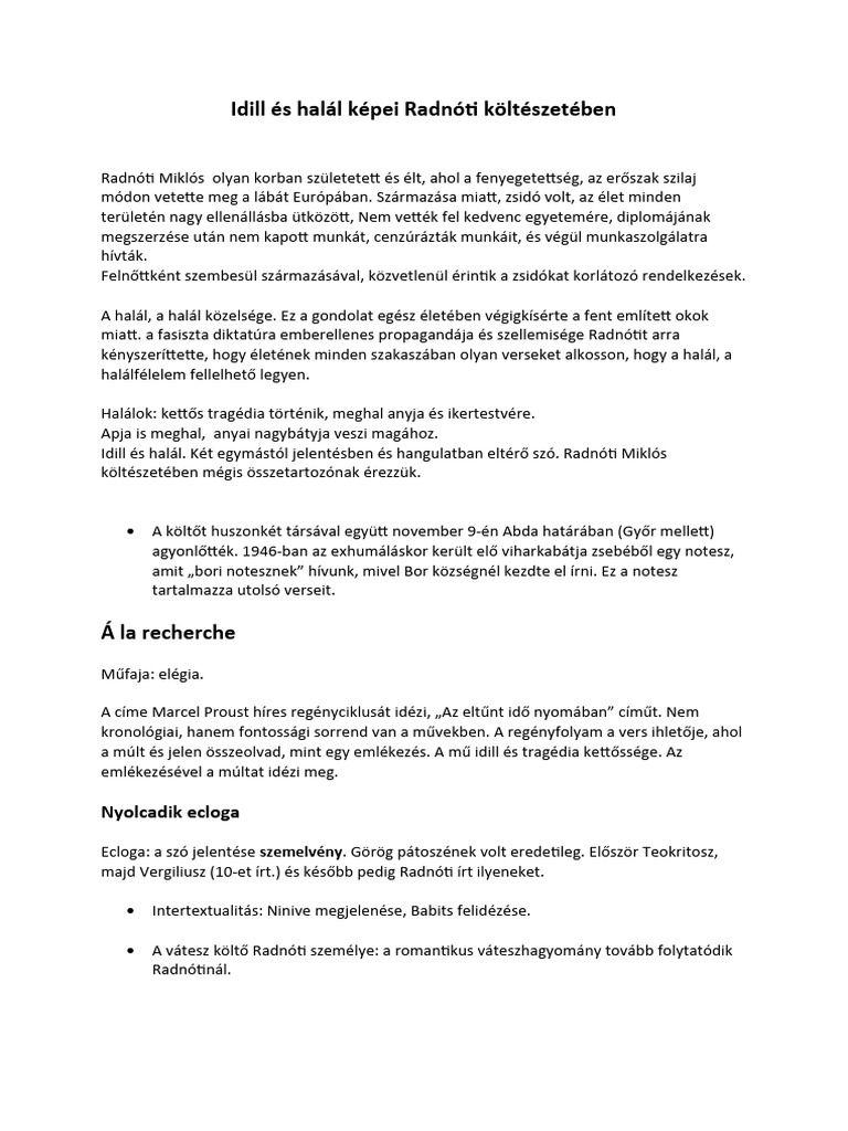 Idill És Halál Képei Radnóti Költészetében - Bori Notesz Versei | PDF