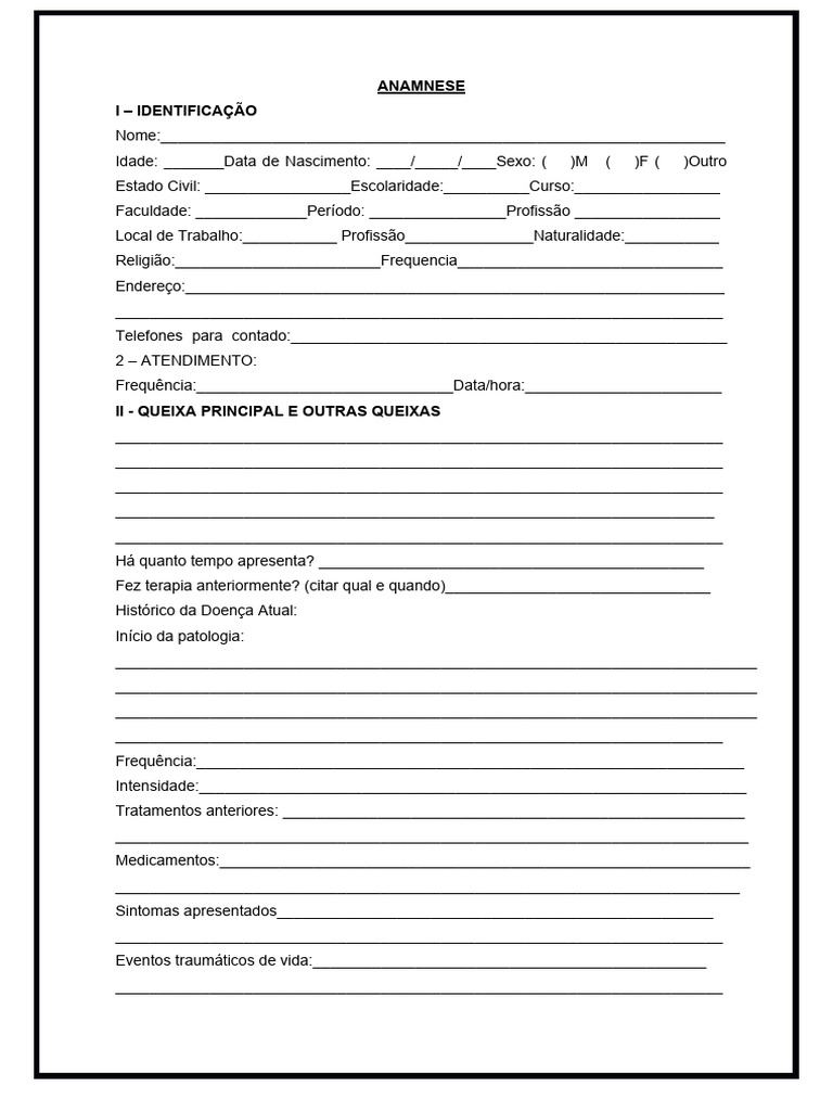 Anamnese Adulto MODELOS | PDF | Medicina Clínica | Psicologia