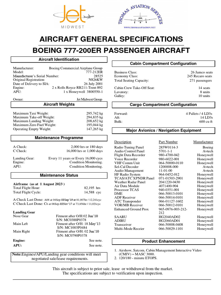 B777 200ER General Specification SN 28525 080823 | PDF | Aircraft ...